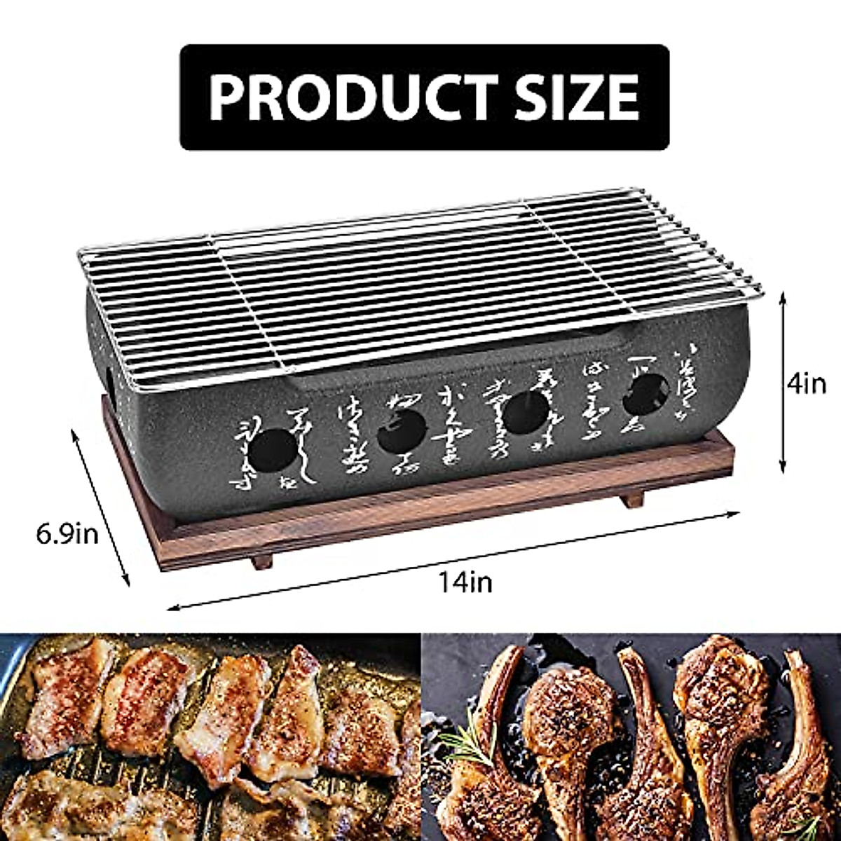 Japanese Style BBQ Grill,14 x 6.9 x 4 inches Portable Barbecue Stove Aluminium Alloy Charcoal Stove with Wire Mesh Grill and Base Japanese Tabletop Household Barbecue Tools