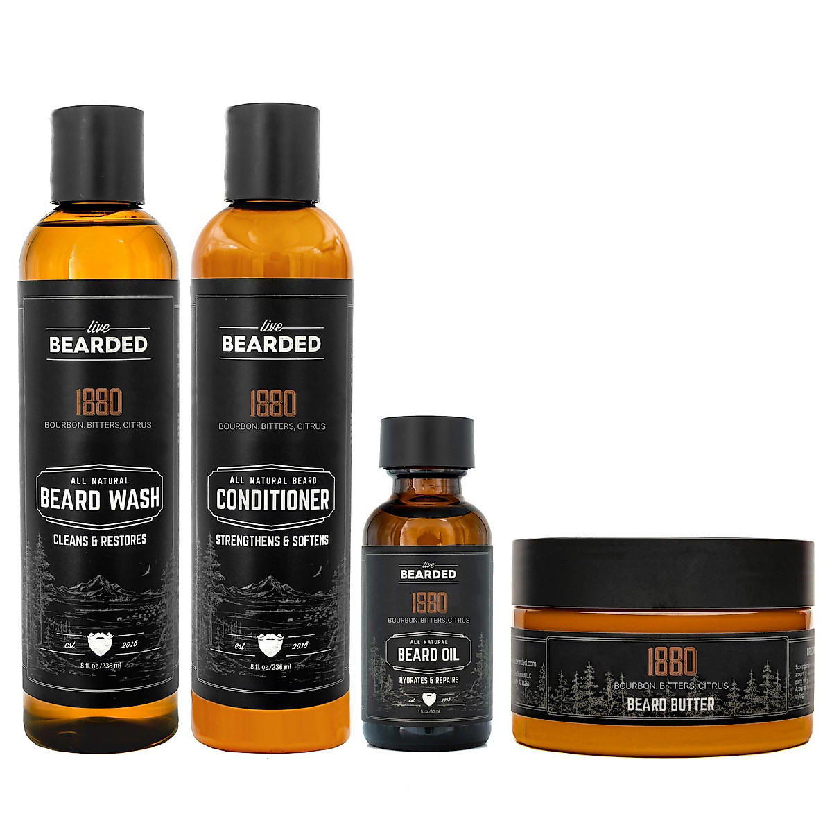 Live Bearded Complete Beard Grooming Kit, Made in the USA with All-Natural Ingredients - Beard Wash, Conditioner, Beard Butter & Beard Oil Kit - Mens Beard Grooming Set, in Scent 1880, Sweet Bourbon