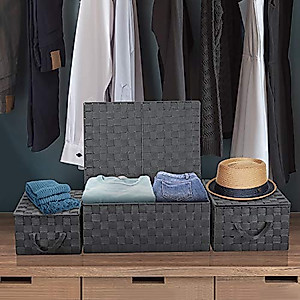 Sorbus Storage Box Woven Basket Bin Container Tote Cube Organizer Set Stackable Storage Basket Woven Strap Shelf Organizer Built-In Carry Handles (Woven Lid Baskets - Gray)