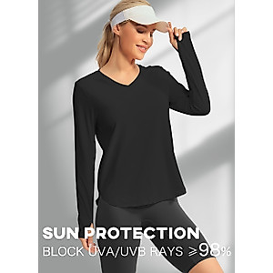 Hiverlay Long Sleeve Workout Shirts for Women V Neck UPF 50+ Athletic Shirts with Thumbhole Running Loose Active T-Shirts Black l