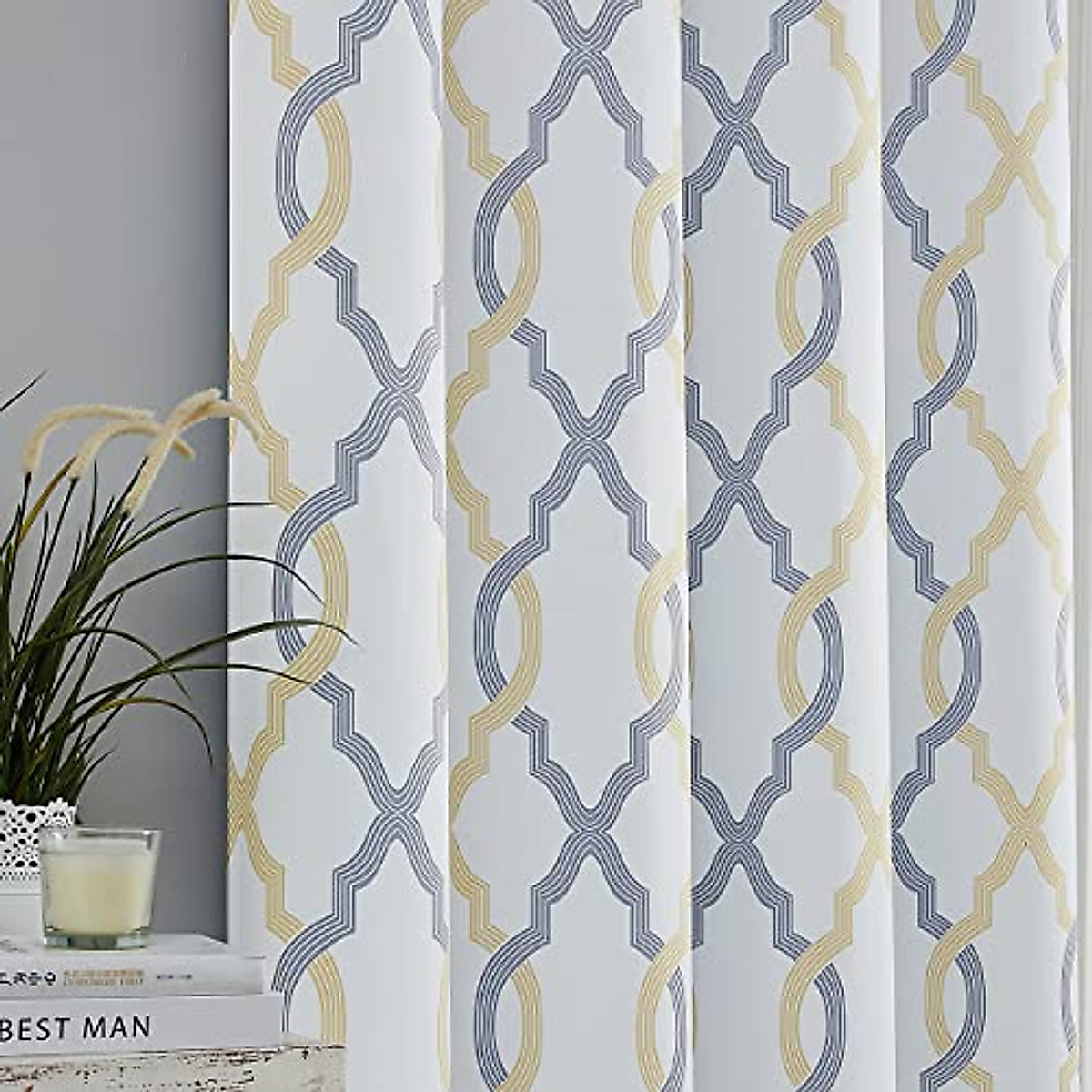 UGOUTRY Yellow Grey 84 Inch Long Full Blackout Curtains for Bedroom, Holiday Thermal Insulated Grommet Window Treatments, Geometric Patterned Drapes 2 Panels, 52'' W