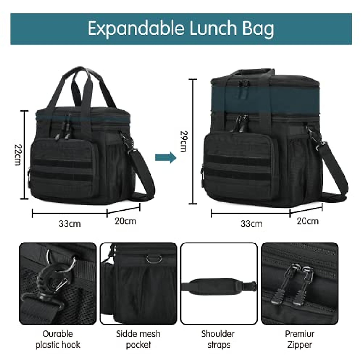 HSHRICH Tactical Lunch Box for Men, Double Deck Expandable Insulated Lunch Bag, Durable Waterproof Leakproof Cooler Bag for Adults Work, Outdoor, Picnic, Camping, 15L, Black