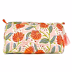 Block Print Designer Toiletry Bag & Makeup Case - Boho Floral Quilted Pouch for Cosmetics, Skincare - Waterproof Lined Organizer for Diaper Bag, Purse, Travel, Gift, Pencils (Pink Multi Floral)
