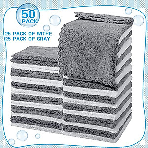50 Pcs 12 x 12 Inches Hand Towels Quick Drying Microfiber Coral Velvet Highly Absorbent Towels Washcloths Soft Absorbent Face Towel Coral Fleece Wash Cloths for Hotel Bath Bathroom Baby Spa Gray White