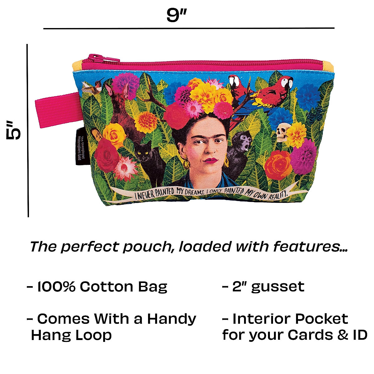 The Unemployed Philosophers Guild Frida Kahlo Bag - 9" Canvas Art Themed Zipper Pouch for Pencils, Tools, Cosmetics, Toiletries and More