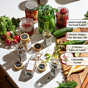 24 Glass Spice Jars with Label Set Bamboo Shaker Lids & Funnel, Kitchen Airtight Sugar Packet Holder Storage Jars with Lid, Spices & Seasonings Sets Organizer Spice Containers, Glass Jar Food Canister