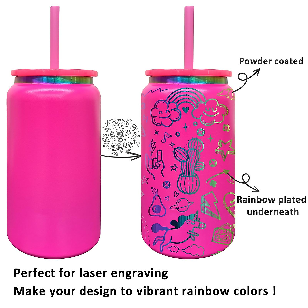 Glass Cups with Lids and Straws, 16 oz Stainless Steel Cups, Insulated Skinny Tumbler, Powder Coated Travel Mugs for Laser Engrave, Iced Coffee Cup for Smoothie Water DIY Gift (Rosy,1 pack)