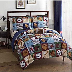 Team Sport Mytex Home Fashions 4-Piece Comforter Set Sports Bedding, Collegiate,Teen, Boys, Double Brushed Fabric, Football Shaped Decorative Pillow Included, Extra Soft, FullSize, Blue/Green/Tan