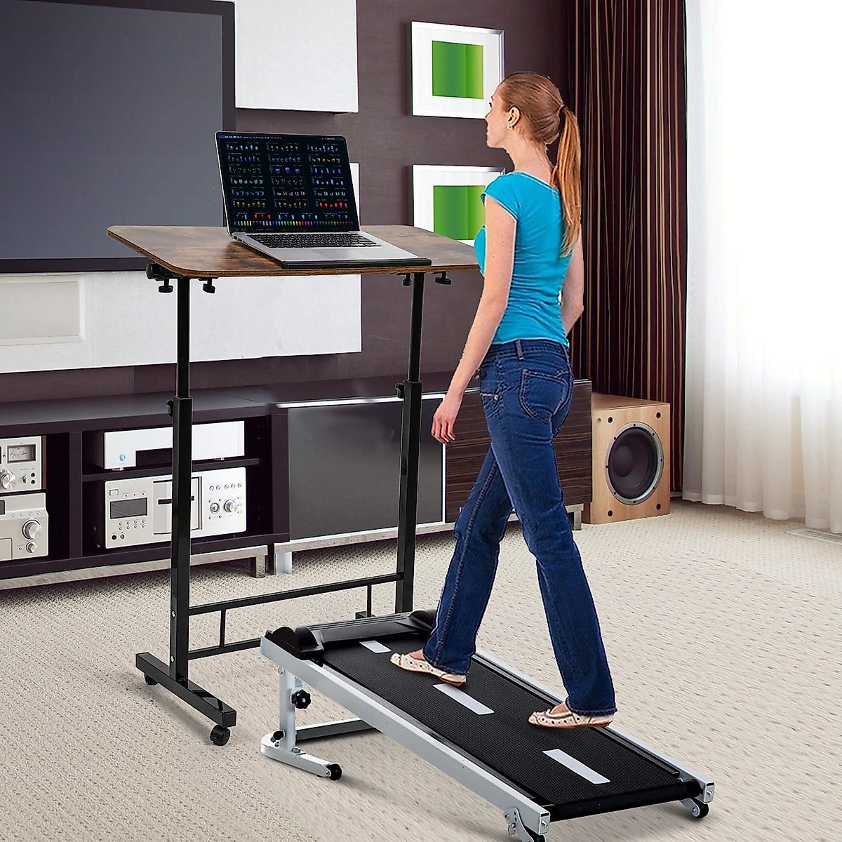 Small Standing Desk Adjustable Height,Rolling Computer Desk,Mobile Standing Desk with Wheels,Portable Stand Up Desk,Tall Computer Table,Adjustable Desktop Sit Stand Desk,Size 31.5x15.7 Inch Brownish C