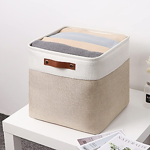 Temary Cube Storage Bins 13x13 Fabric Storage Cubes Baskets Set Of 4 Cloth Baskets for Shelf, Large Basket Empty Baskets for Organizing, Baskets Cube Basket for Storage (White&Khaki)