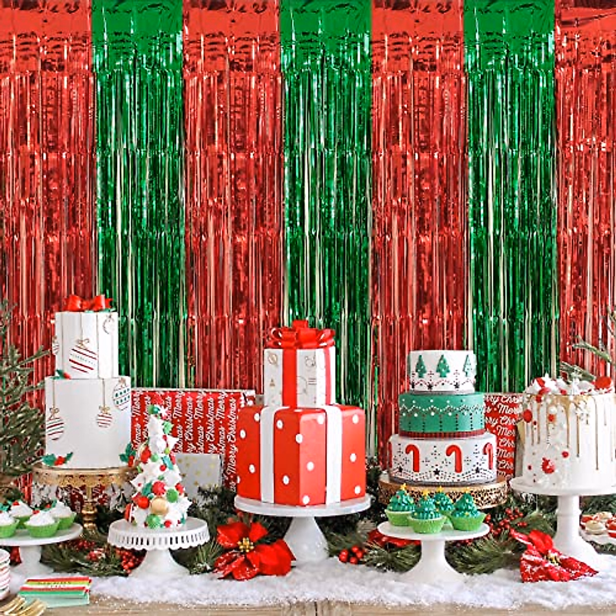 LYUBASA 3 Pack Christmas Party Decorations, Red and Green Tinsel Foil Fringe Curtains,Ugly Sweater theme Photo Booth Prop Streamer Backdrop decor Indoor outdoor Party Supplies for Happy New Year party