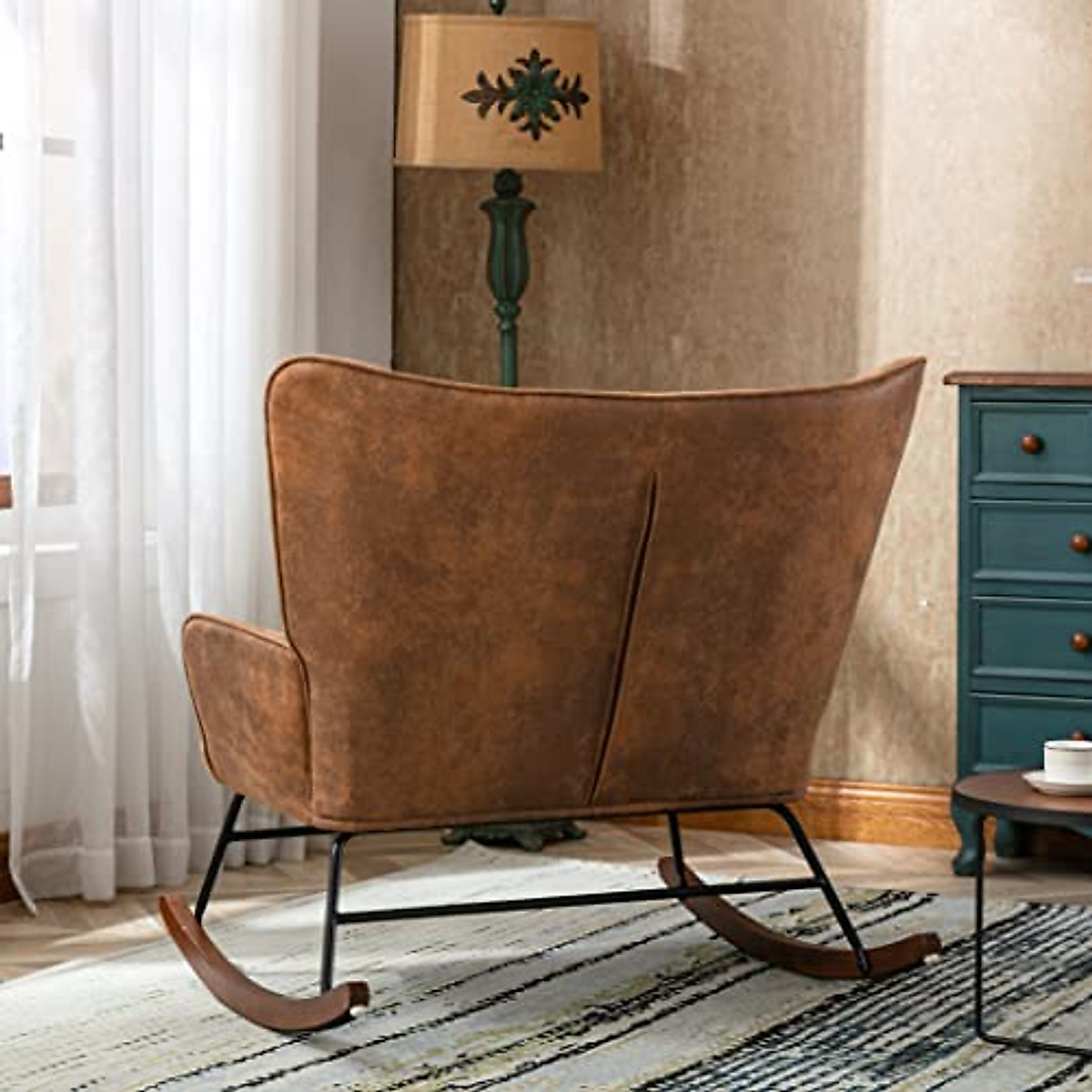 Henf Oversized Rocking Chair, Modern Velvet Rocker Armchair Loveseat Chair with Tufted High Back and Padded Seat Comfortable Accent Glider Rocker for Nursery Living Room Bedroom, Coffee