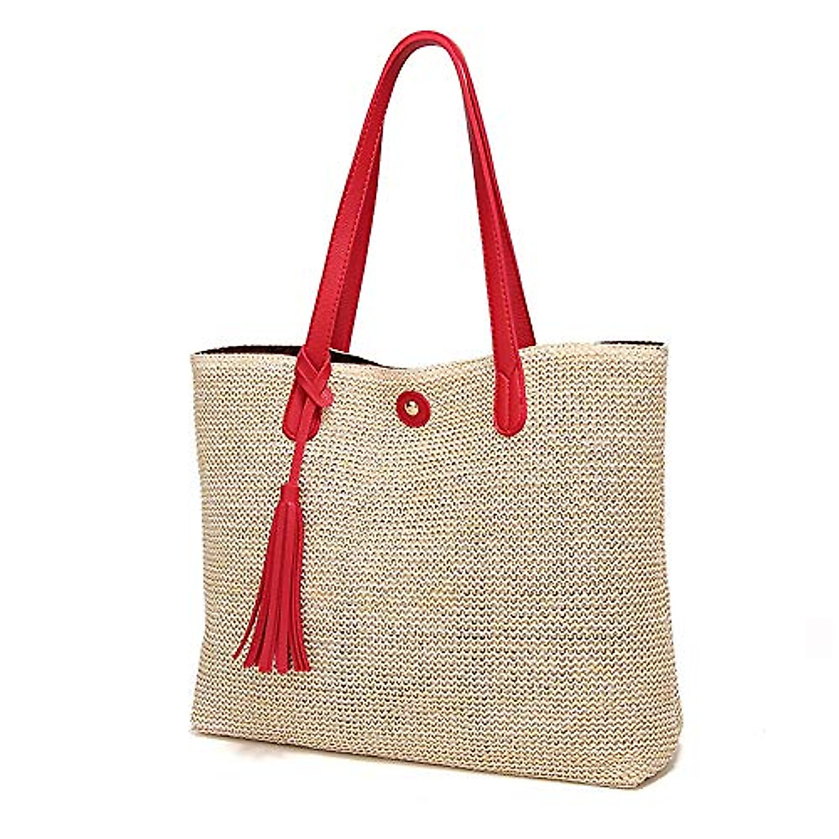 QTKJ Women Straw Summer Beach Bag Handwoven Big Tote Leather Shoulder Handbag with Tassel Decorate (Red)