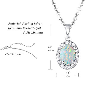 FANCIME 925 Sterling Silver Oval Necklace White Created Opal Pendant Delicate Cubic Zirconia Jewelry Mother's Day Gifts for Women 16"+2"