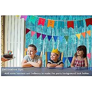 Vanujoy Iridescent Teal Blue Foil Fringe Backdrop Curtains Party Decoration - 2 Pack Tinsel Party Door Wall Curtain for Birthday Bachelorette Party Engagement Bridal Shower Baby Shower Graduation