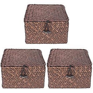 Cabilock Home Storage Basket 3 pieces Woven Basket Seagrass wicker basket with lid Decorative Storage Boxes With Lids Basket With Lid Rattan Storage Basket Rattan Storage Basket