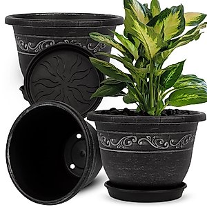 QCQHDU Plant Pots, 3 Packs 12 inch Planters with Drainage Hole Saucer, Plastic Flower Pots for Indoor Plants Retro Decorative for Outdoor Garden Container Sets(Silver-12 inch)