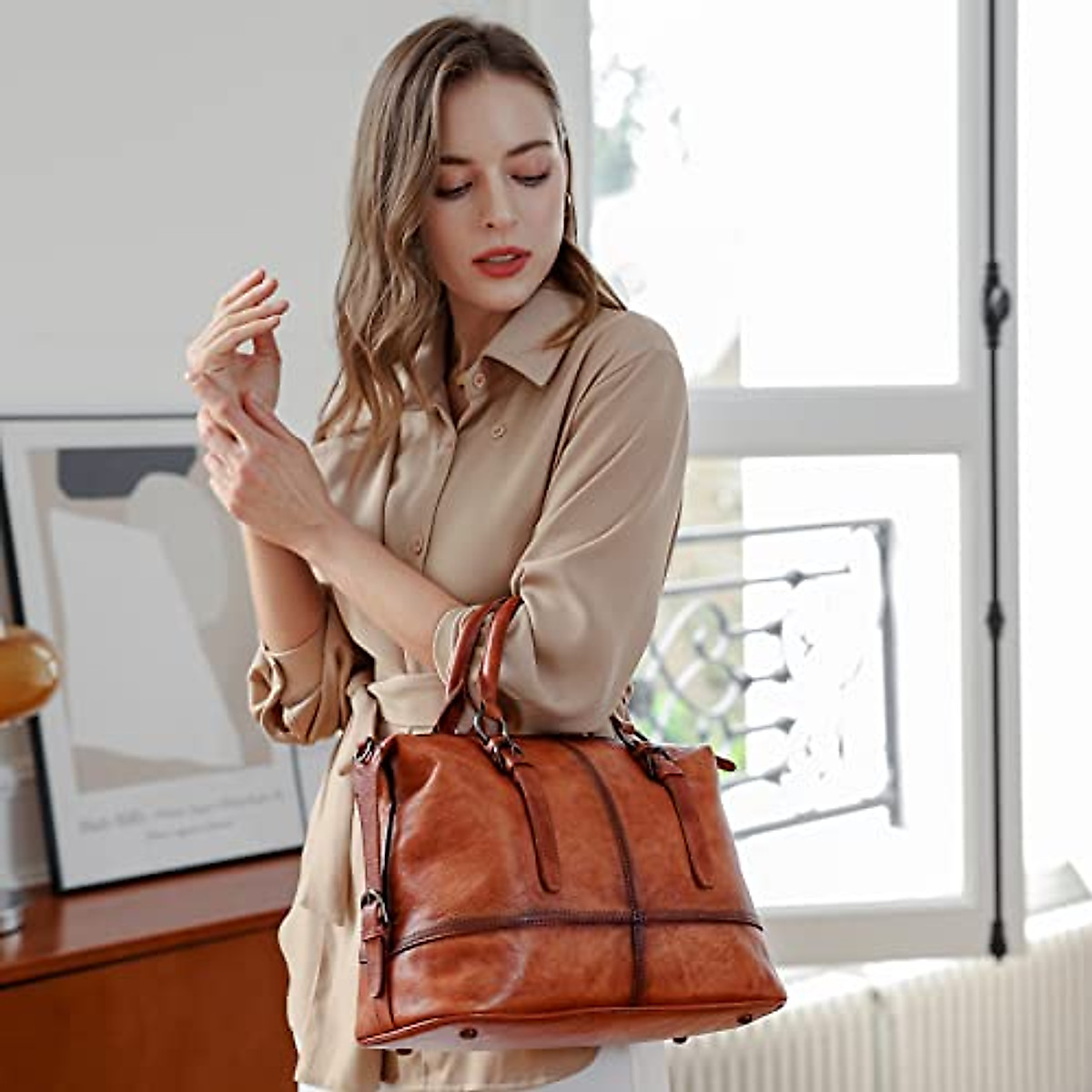 HESHE Women’s Vintage Leather Purses and Handbags Shoulder Bag Tote Top Handle Bags Designer Cross Body Satchel (Brown)