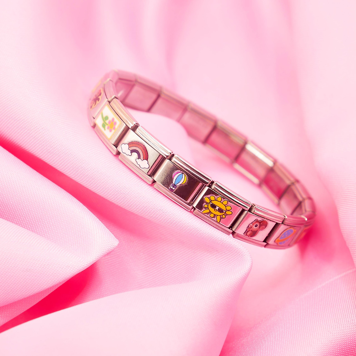 Decorated Italian Charm Bracelet, 18 charm bracelet with unique designs. 6.9 inches long, interchangeable charms