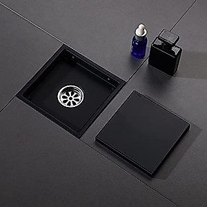 DEOKXZ 6 Inch Black Square Shower Floor Drain, with Removable Grille Cover Tile Insert Hidden Form, SUS304 Stainless Steel