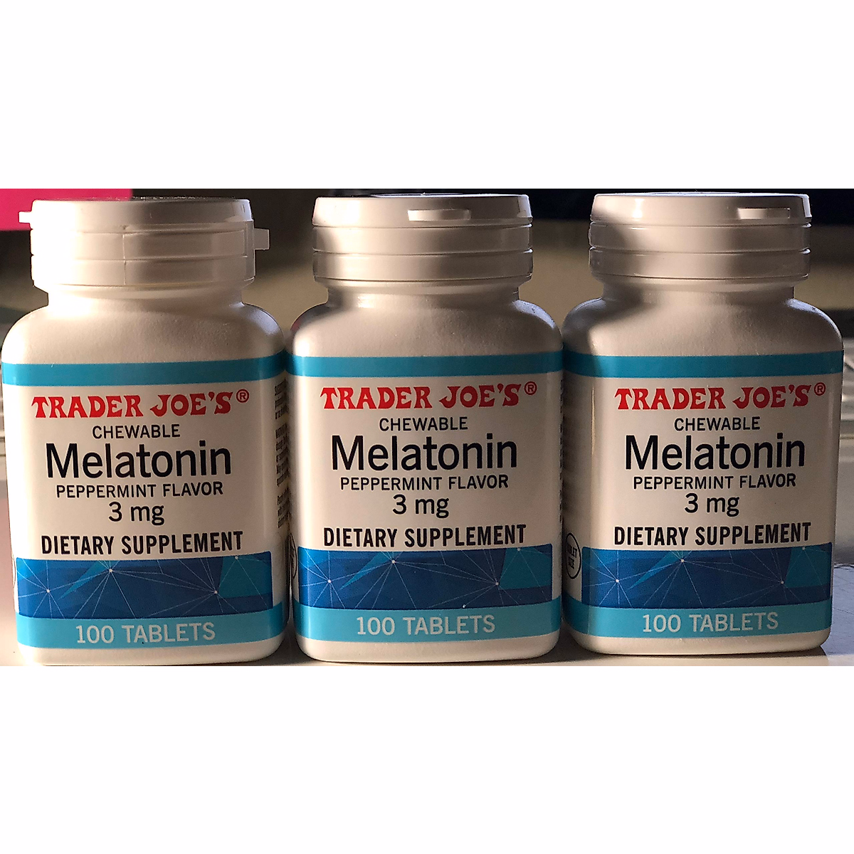 Trader Joe's 3 Pack Chewable Melatonin Peppermint Flavor 3MG, 100 Tablets