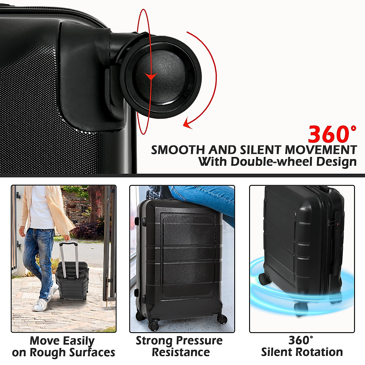 Luggage Sets 3 Piece, ABS+PC Hard Case Lightweight Suitcase Set, with TSA Lock and Spinning Silent Wheels, Large Suitcase (20/24/28)，Black