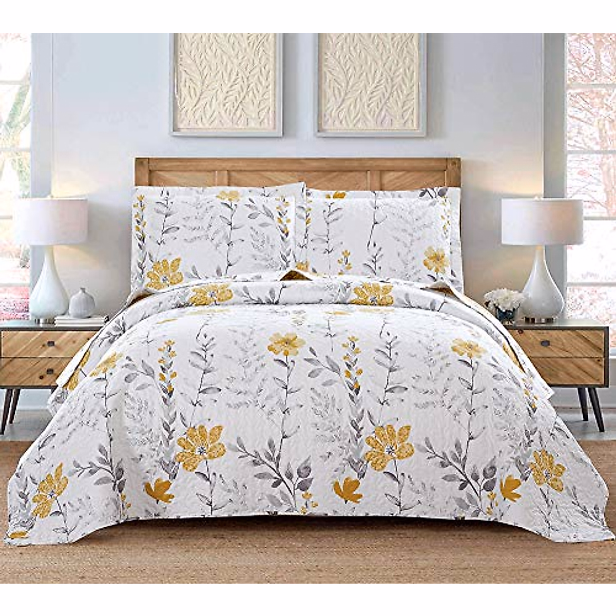 Quilt Set Queen Floral Bedspread Coverlet Queen Floral Quilts Bedding Spring Summer Lightweight Quilts Bedspread Reversible Bedding Grey Leaf Yellow Floral Quilt Collection Bedspread with Pillow Shams
