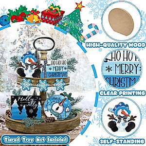 Guoofu Winter Tiered Tray Decor, Christmas Farmhouse Snowman Tray Decorations, Holly Jolly Snowflake Wonderland Wooden Signs, Xmas Holiday Rustic Home Decor for Tabletop Shelf Mantel Party