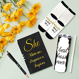 4 PCS Best Boss Lady Gifts Thank You Gifts for Women Includes 20 Oz Black Marble Tumbler Cotton Socks A6 Notepad with Ballpoints, Appreciation Day Boss Day Office Leader Christmas Gift