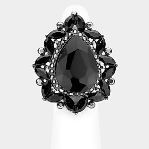 Rosemarie & Jubalee Women's Stunning Statement Teardrop Glass Crystal Stretch Cocktail Ring (Jet Black Hematite Tone)