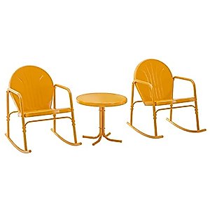 Crosley Furniture KO10020TG Griffith 3-Piece Retro Metal Outdoor Seating Set with Side Table and 2 Rocking Chairs, Tangerine Gloss