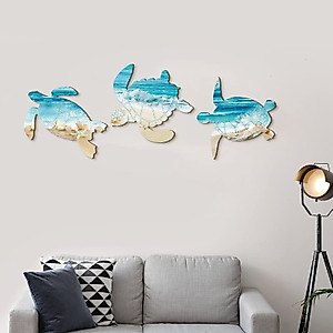 Tatuo Summer Coastal Wall Decor Beach Wall Art Decor Blue Sea Turtle Surfboard Seahorse Starfish Seashell Conches Crabs Sea Life Decor for Bathroom Bedroom Home(3 Pcs, Fresh Turtle Style)