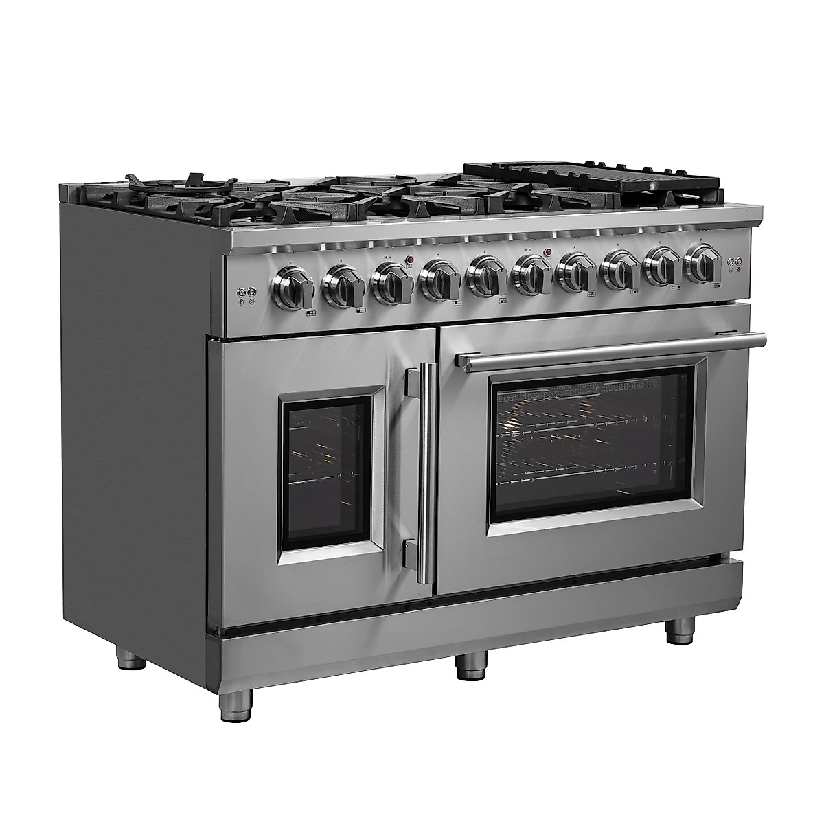 Forno 48-inch French Door Gas Range with 1 Sealed Dual-Ring Brass Burner 20K BTU - 4.32 Cu.Ft Convection Fan Oven 30,000 BTU - Modern Design Kitchen Range with Air Fryer Basket, Rack & Drip Pan