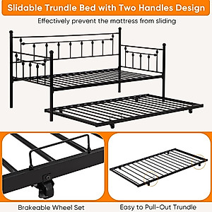 Twin Size Metal Daybed with Pull Out Trundle, Modern 2 in 1 Sofa Bed Frame for Kids Teens Adults,Single Daybed Sofa Bed Frame for Bedroom Living Room Guest Room,No Box Spring Needed