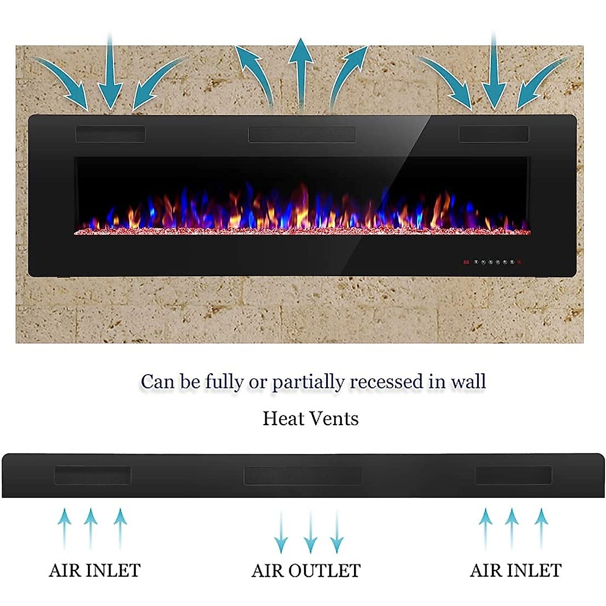 R.W.FLAME 68 inch Recessed and Wall Mounted Electric Fireplace, Ultra Thin and Low Noise,Fit for 2 x 6 Stud, Remote Control with Timer,Touch Screen,Adjustable Flame Color and Speed