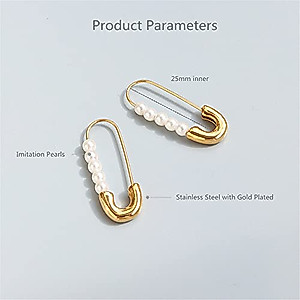 Retro Pearl Safety Pin Cartilage Hoop Earrings for Women Girls Stainless Steel Imitation Pearls Cute Hoops Dangle Drop Fashion Hypoallergenic Jewelry Gifts 25mm (Gold)