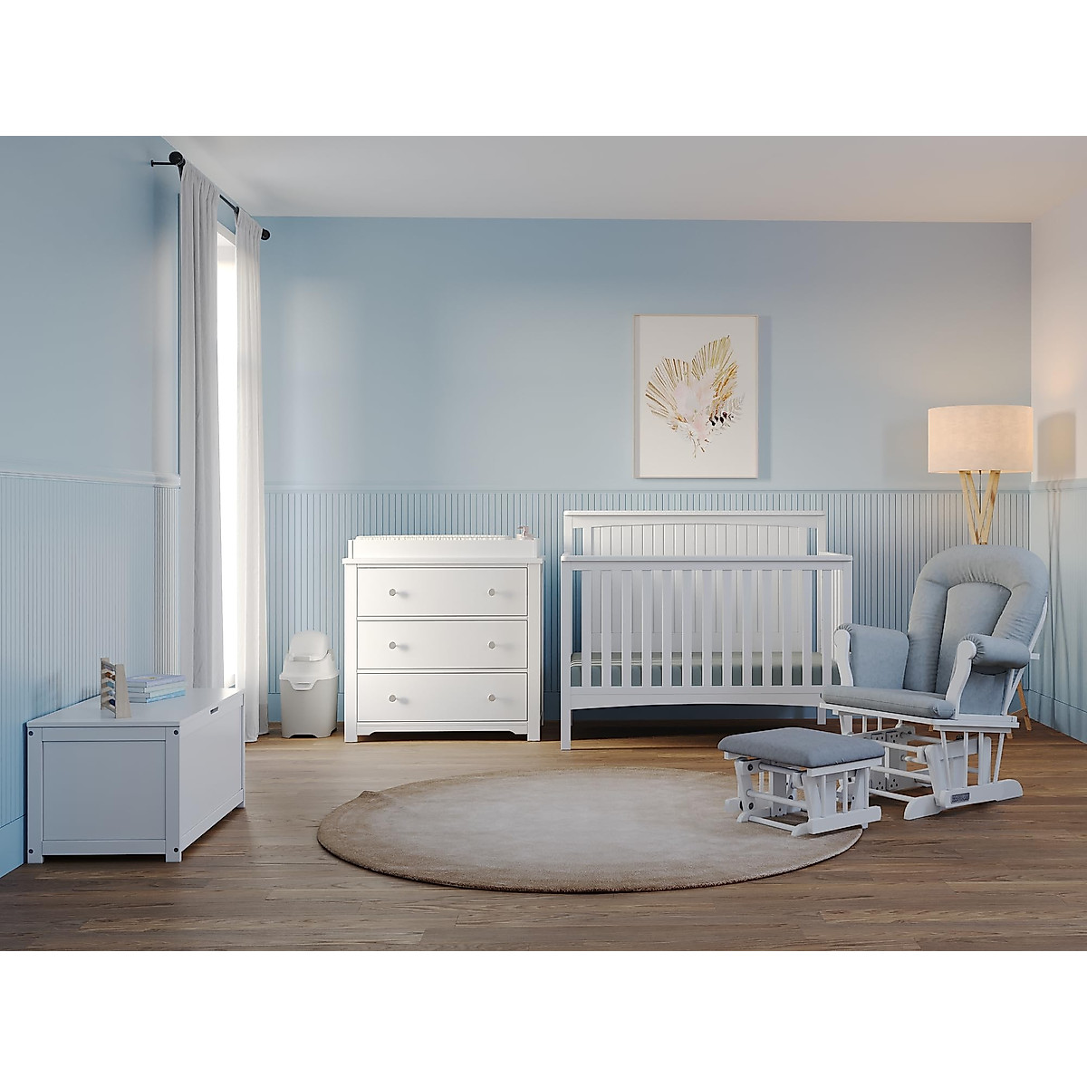 Child Craft Scout 4-Piece Nursery Set with 4-in-1 Convertible Crib, Dresser with Changing Table Topper, Cozy Glider, and Toy Box, Grows with Your Baby (Matte White)