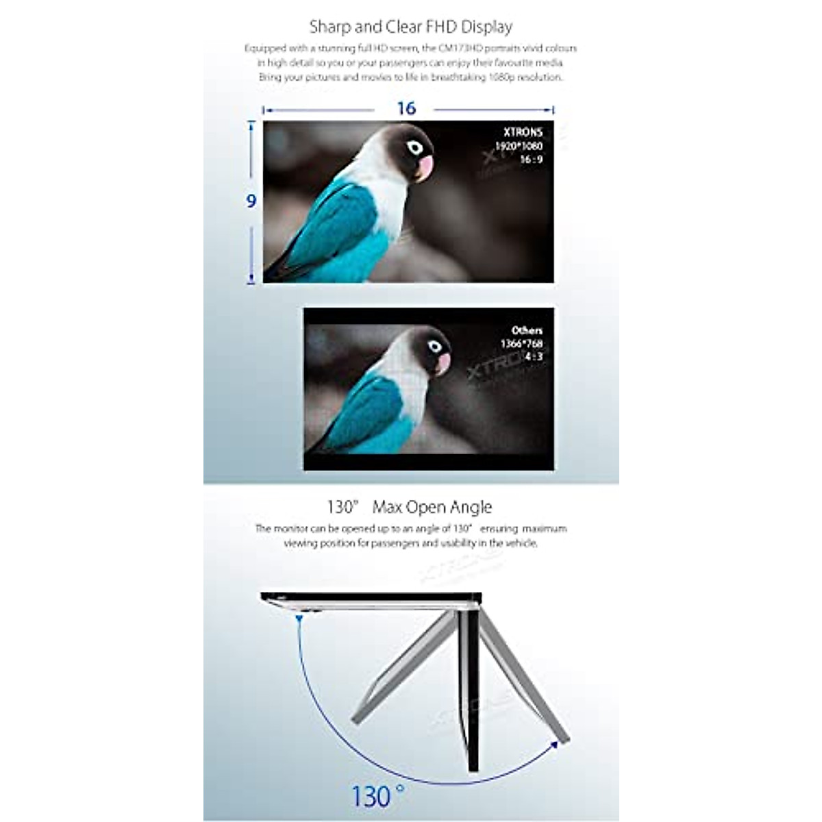 XTRONS® 17.3 Inch 16:9 Ultra-Thin FHD Digital TFT Screen 1080P Video Car Overhead Player Roof Mounted Monitor HDMI Port 1920 * 1080 Full High Definition with New Version Black IR Headphones (No DVD)