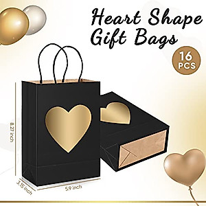 16 Pcs Heart Shape Gift Bags Medium Size Black Gift Bags with Handles Black Paper Bags for Wedding Valentines Party Favors Shopping Retail Boutique