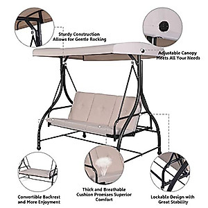 Tangkula 3 Seats Converting Patio Swing, Outdoor Porch Garden Canopy Swing with Comfortable Cushion Seats & Adjustable Tilt Canopy, Heavy Duty Hammock 3 Persons Porch Swing (Beige)