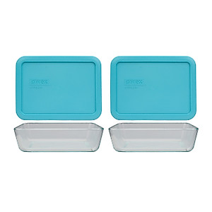 Pyrex (2 7210 Glass Containers & (2) 7210-PC Sun Bleached Turquoise Lids Made in the USA