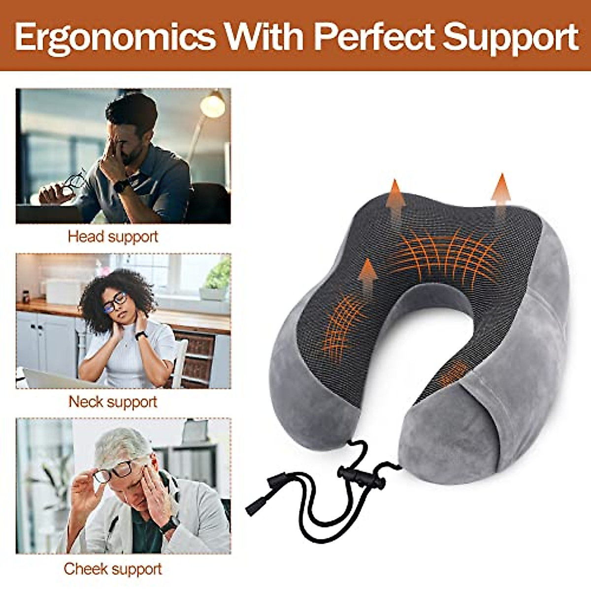 Faddare Travel Pillow, Memory Foam Neck Support Pillow Set, Comfortable Neck and Head Support Pillow, Travel Neck Rest Cushion for Plane Car Train Office(Grey)