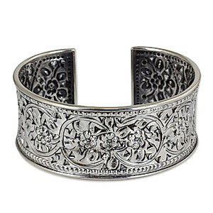 NOVICA Artisan Handmade Sterling Silver Cuff Bracelet Floral No Stone Thailand [6.25 in L (end to End) x 1.1 in W] ' Renewal'