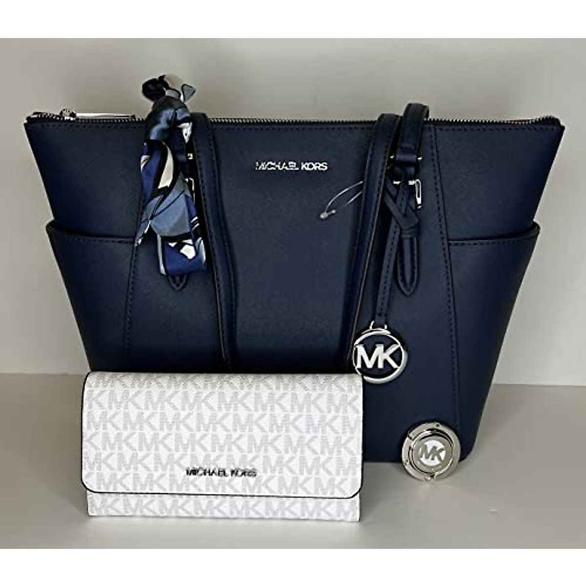 Michael Kors Charlotte Large Zip Tote bundled with matching Trifold Wallet Purse Hook (Navy/Signature MK Bright White)
