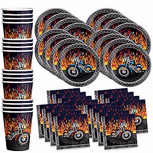 Motorcycle Biker Birthday Party Supplies Set Plates Napkins Cups Tableware Kit for 16