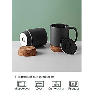 DOWAN Coffee Mugs, 15 oz Mug Set of 2, Large Ceramic Coffee Mug with Cork Bottom and Spill Proof Lid for Men, Women, Big Mug for Coffee Latte, Tea, Gifts for Graduation, Matte Grey
