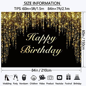 Dienalls 7x5ft Happy Birthday Backdrop for Women Girls Black and Gold Glitter Bokeh Sequin Spots Background for Photography Golden Sparkle Shining Photo Booth Props Party Banner Cake Table Decor