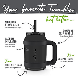 REDUCE Reusable 32 oz Cold1 Water Tumbler – Ergonomic Handle – Double-Wall Insulation – Sturdy Desktop/Tabletop Mug with Lid and Straw – BPA-Free – Stainless Steel for Gym, Home, or Office– Phantom