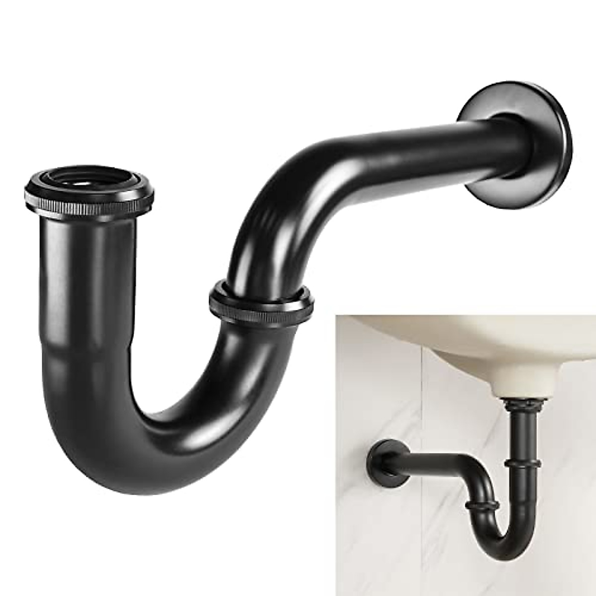 JEAPHA Stainless Steel P-Trap - 1 1/4 Inch Bathroom Basin Sink Waste Trap with Reducing Washer, Matte Black