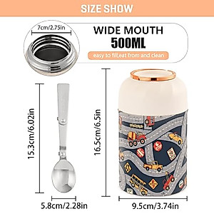 JUNZAN Cute Car Truck Road Traffic Kids Womens Insulated Food Jar with Spoon 17oz/500ml Steel Food Jar Stainless Steel Vacuum Keep Warm Food Container for Keep Food Hot